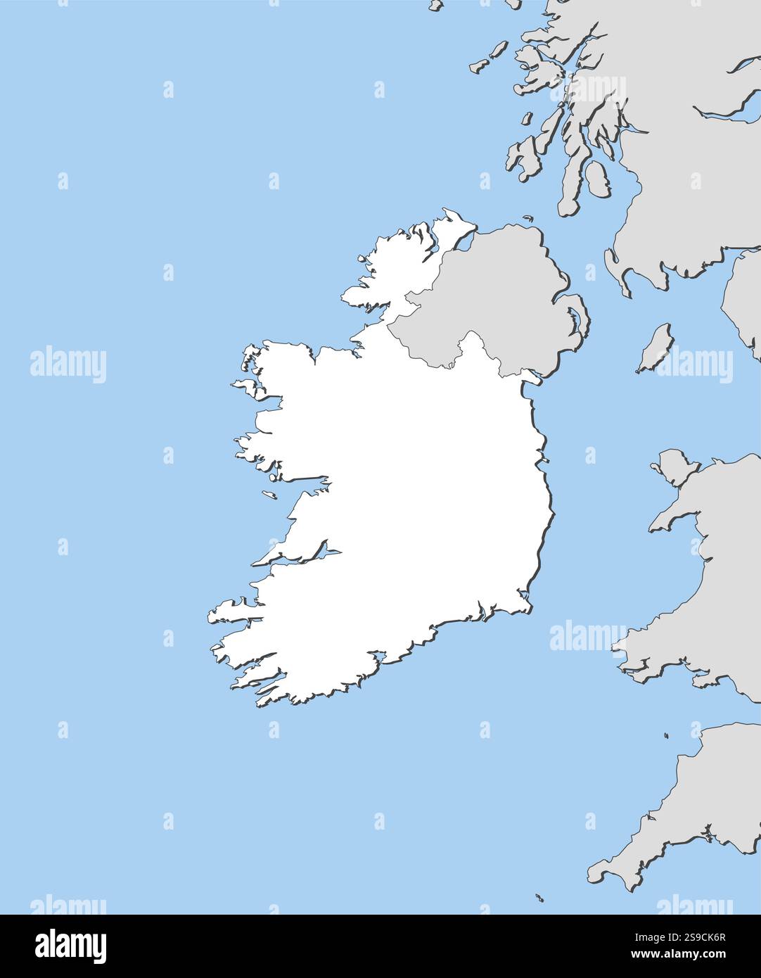 Map of Ireland and nearby countries, Ireland is highlighted in white ...