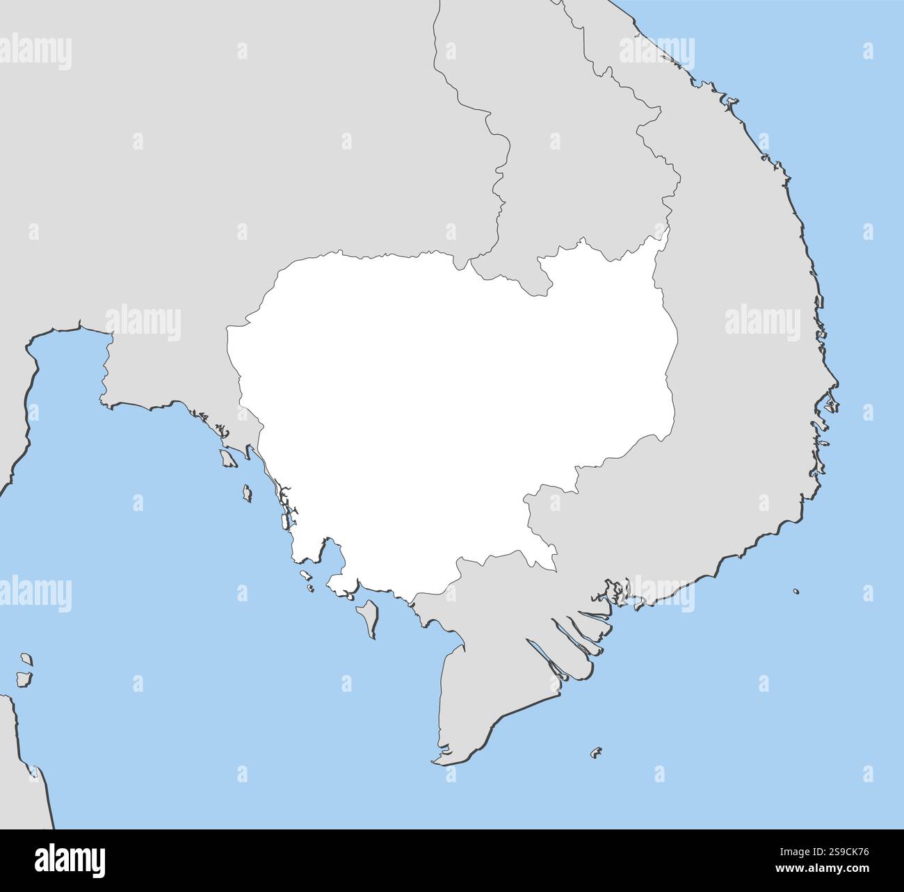 Map of Cambodia and nearby countries, Cambodia is highlighted in white ...