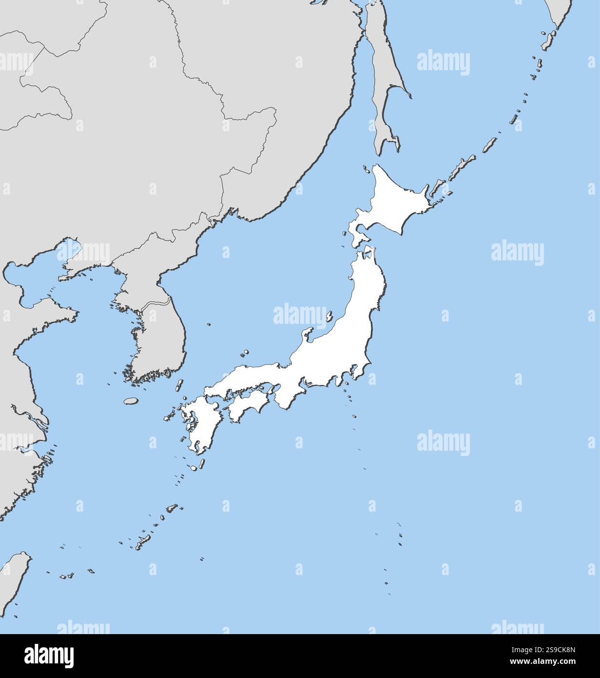 Map of Japan and nearby countries, Japan is highlighted in white Stock ...