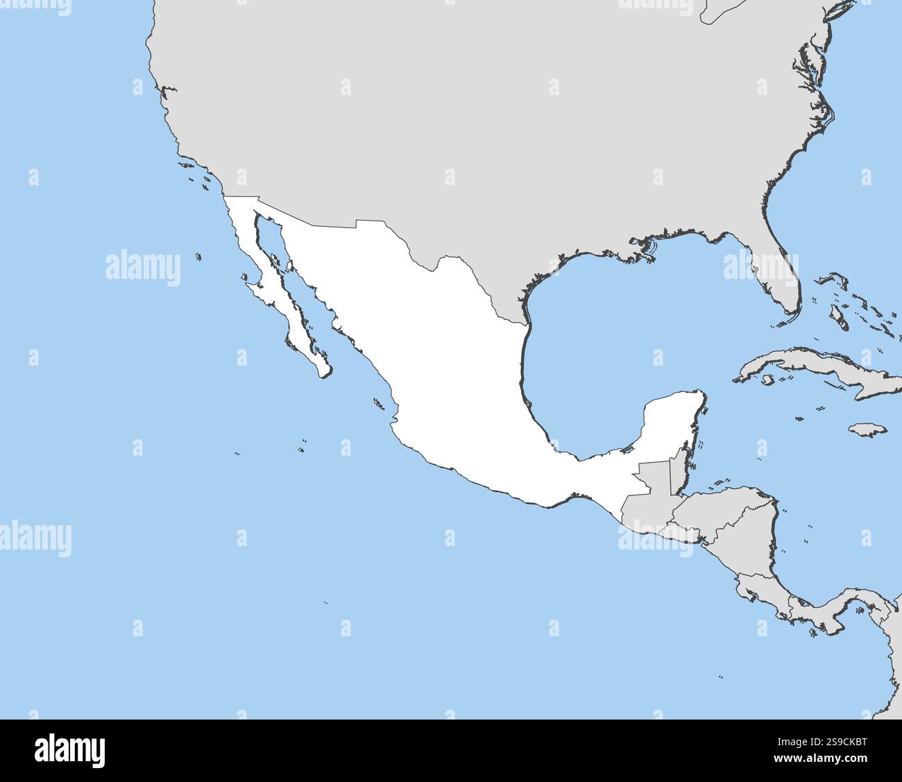 Map of Mexico and nearby countries, Mexico is highlighted in white ...