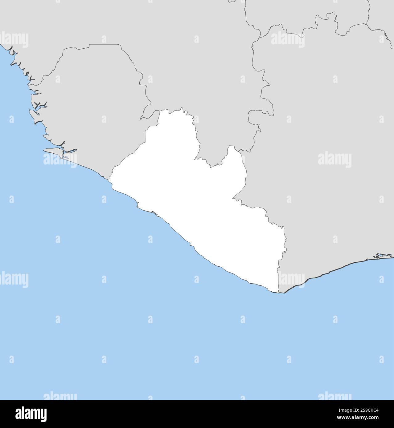 Map of Liberia and nearby countries, Liberia is highlighted in white ...