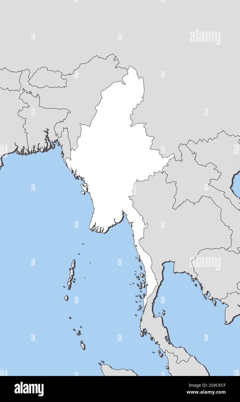 Map of Myanmar and nearby countries, Myanmar is highlighted in white ...