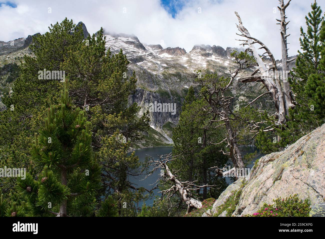 Mountain scenery in the Pyrenees, France, in springtime, with still a ...