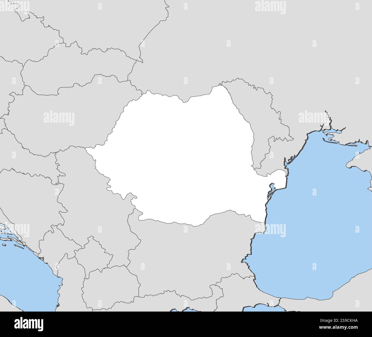 Map of Romania and nearby countries, Romania is highlighted in white ...