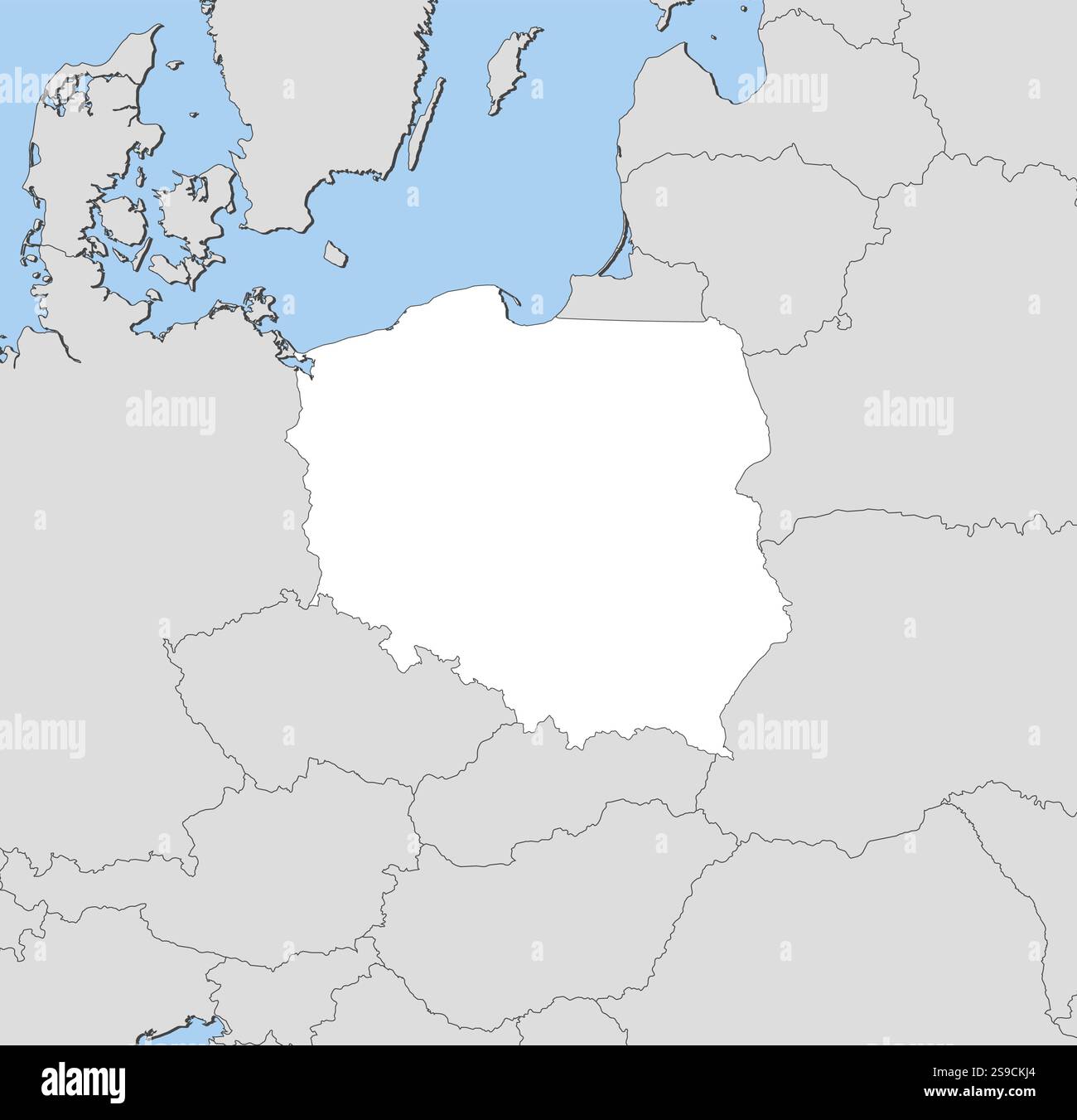Map of Poland and nearby countries, Poland is highlighted in white ...