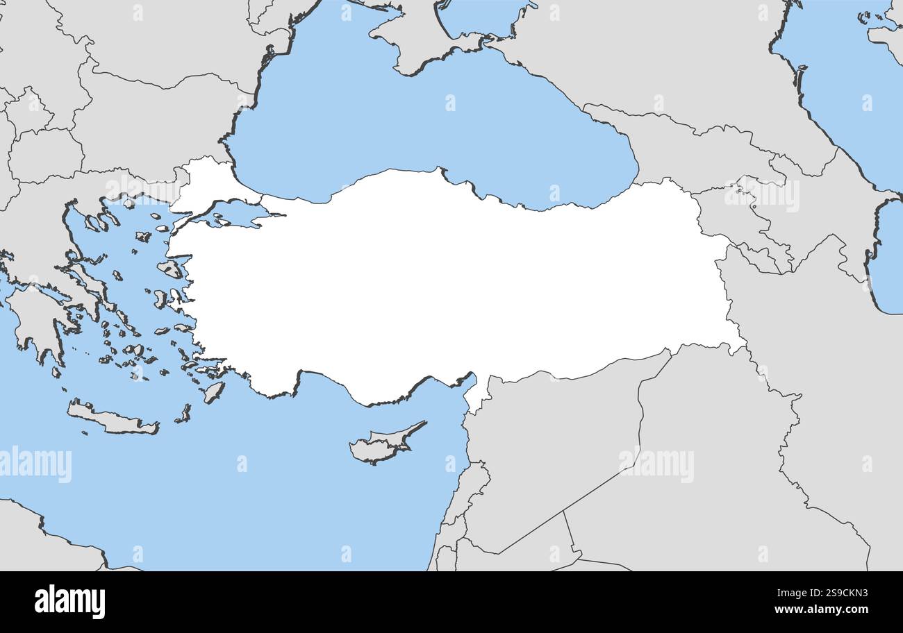 Map of Turkey and nearby countries, Turkey is highlighted in white ...
