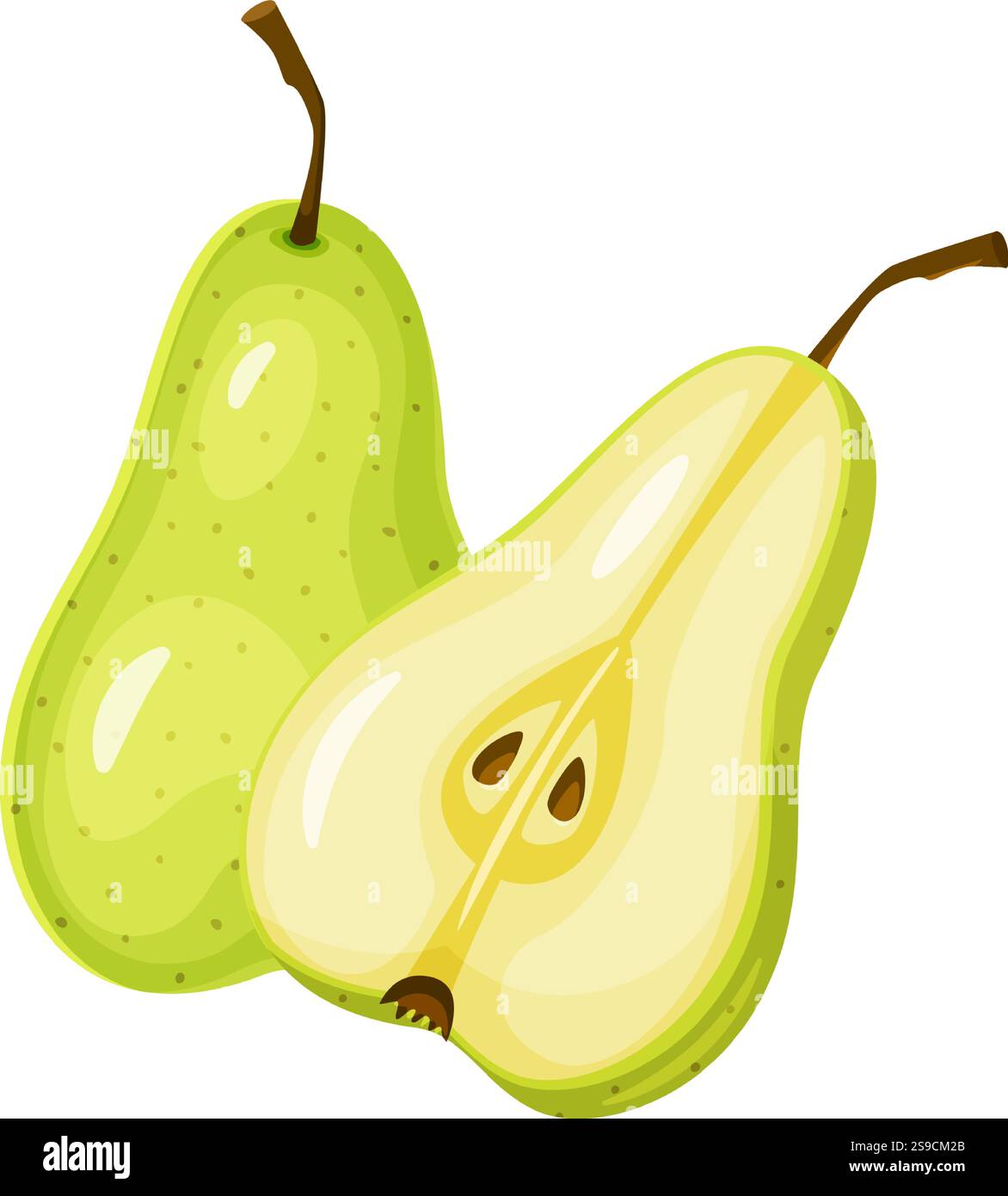 Colorful illustration featuring a whole green pear alongside a halved ...