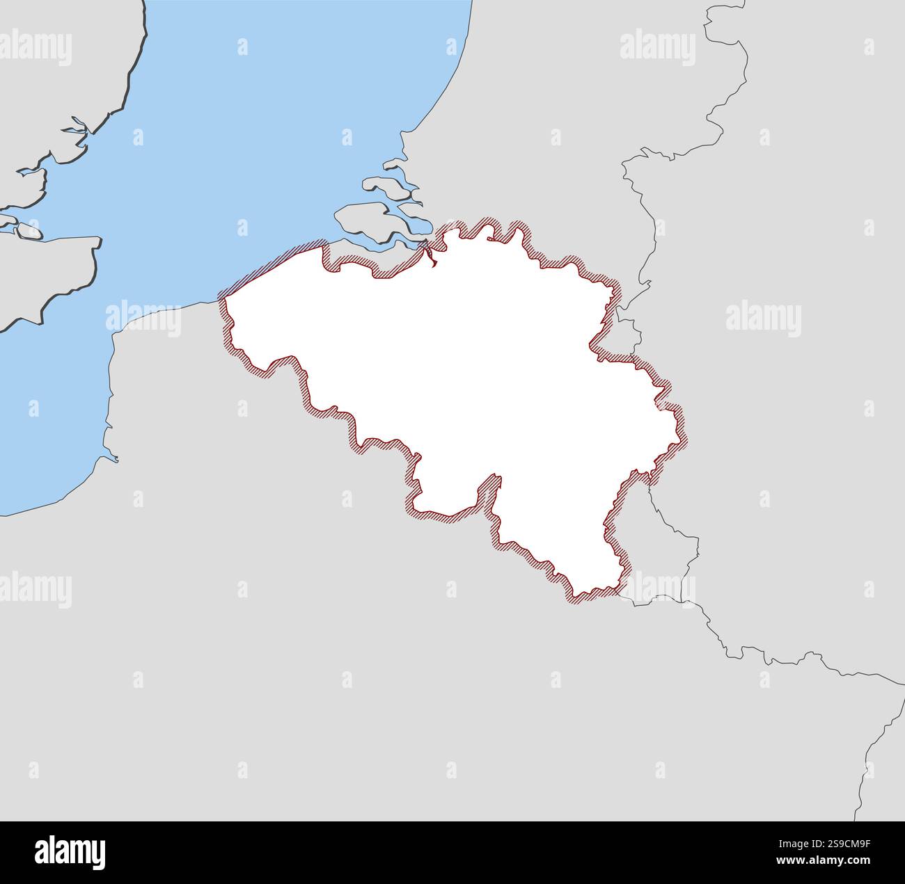 Map of Belgium and nearby countries, Belgium is highlighted by a ...