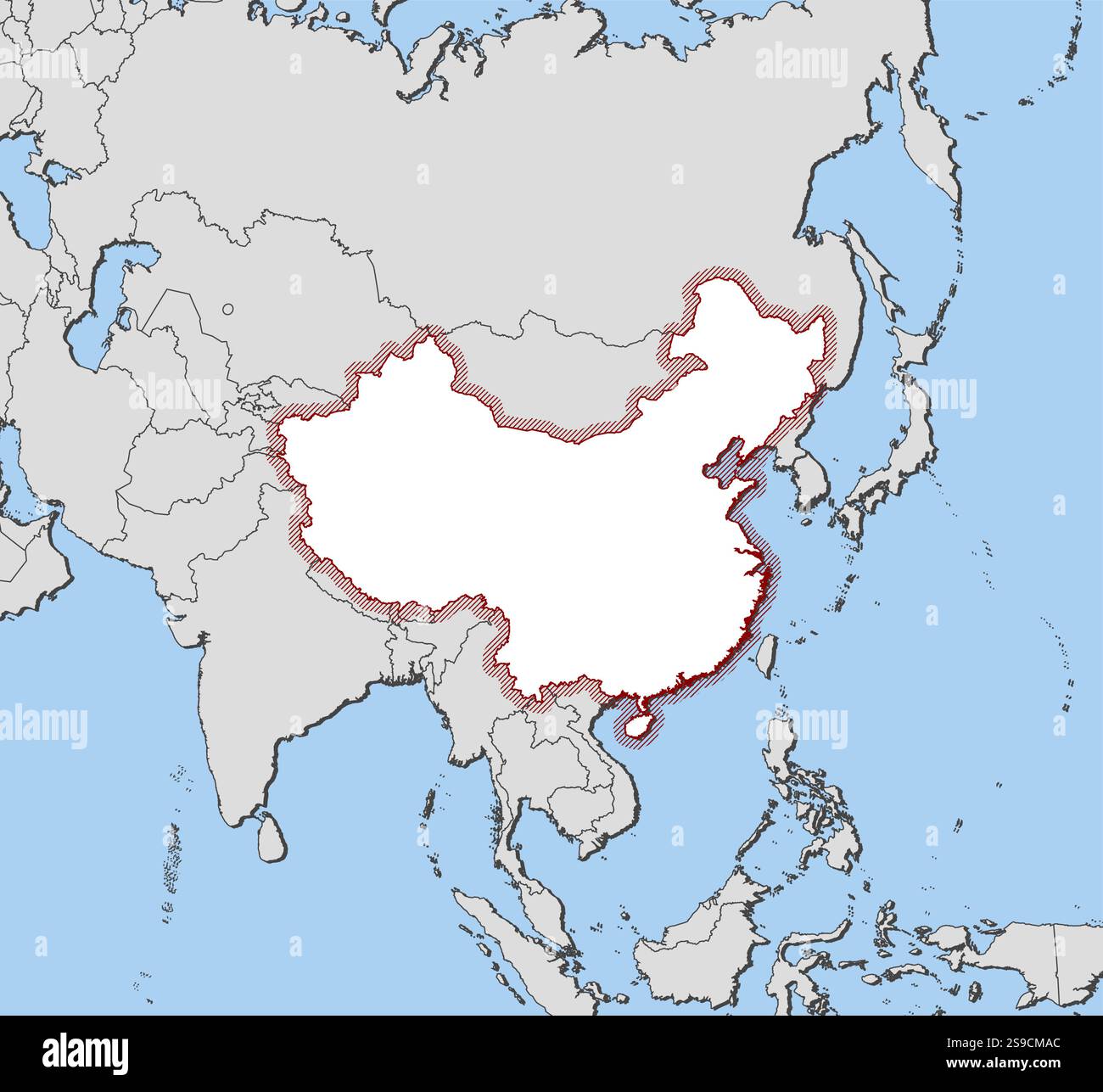 Map of China and nearby countries, China is highlighted by a hatching ...