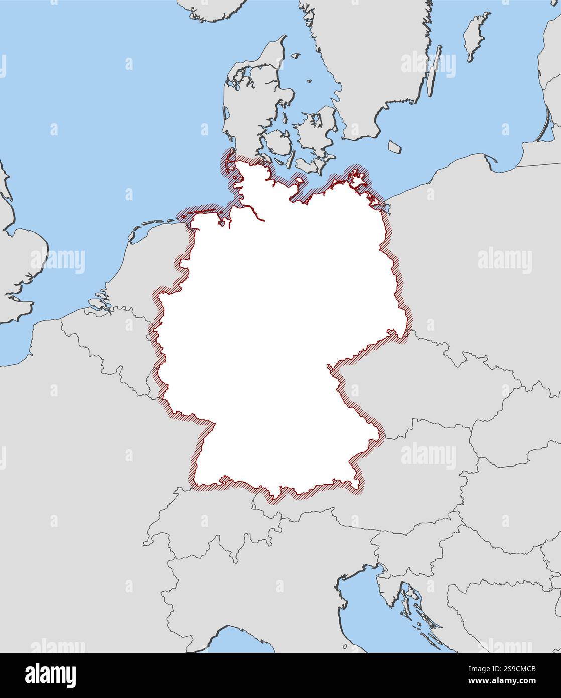 Map of Germany and nearby countries, Germany is highlighted by a ...