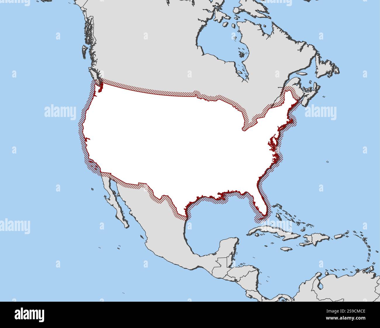 Map of United States and nearby countries, United States is highlighted ...