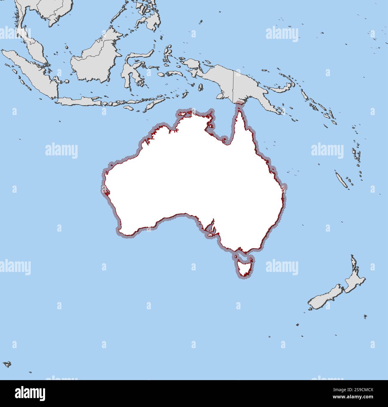 Map of Australia and nearby countries, Australia is highlighted by a ...