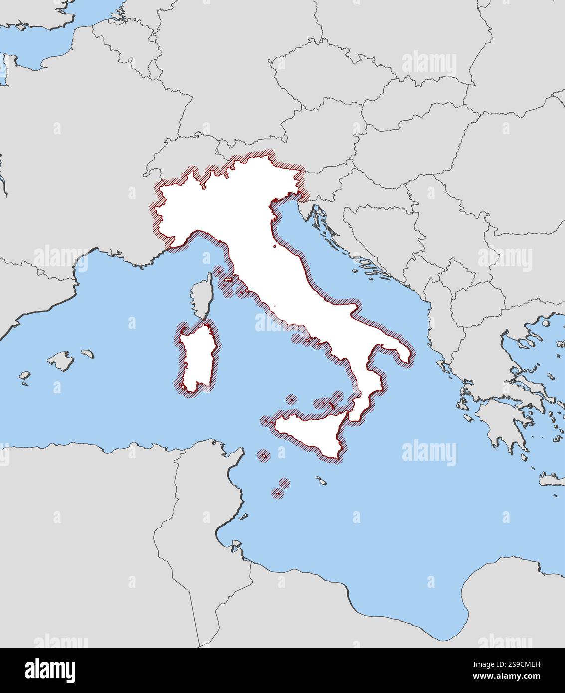 Map of Italy and nearby countries, Italy is highlighted by a hatching ...