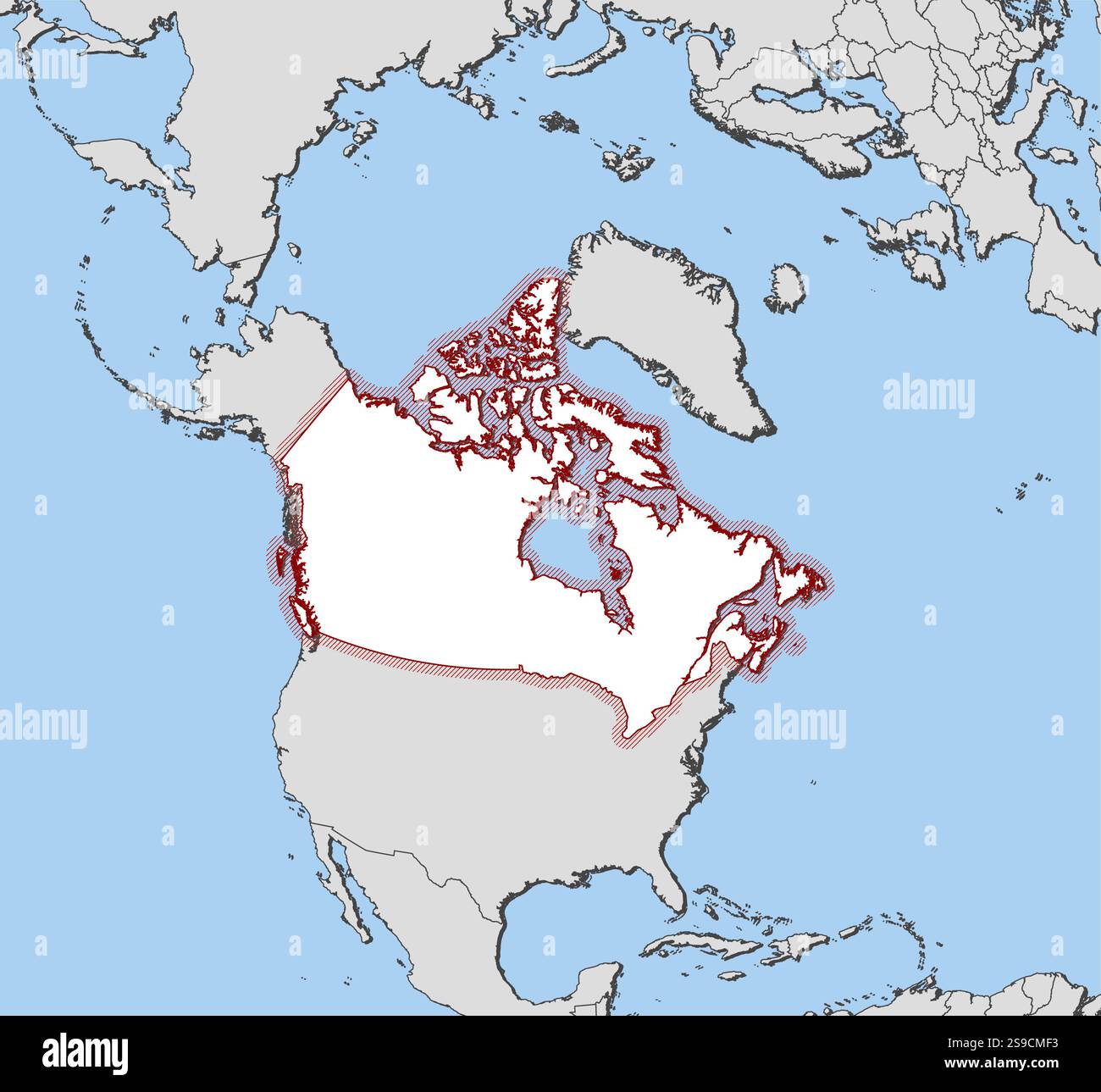 Map of Canada and nearby countries, Canada is highlighted by a hatching ...