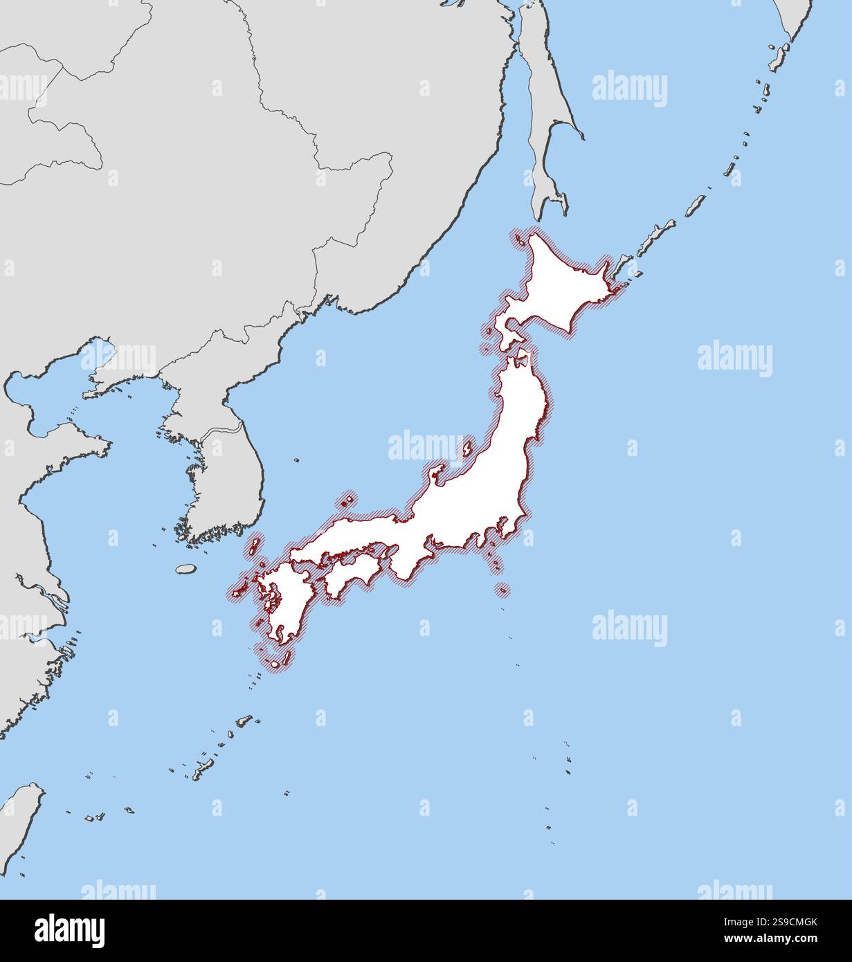 Map of Japan and nearby countries, Japan is highlighted by a hatching ...