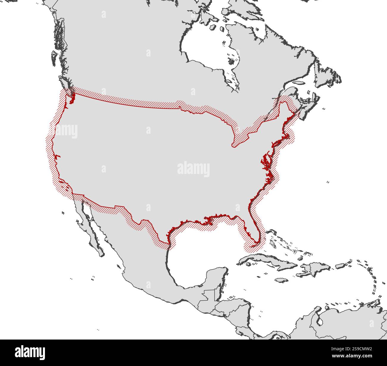 Map of United States and nearby countries, United States is highlighted ...