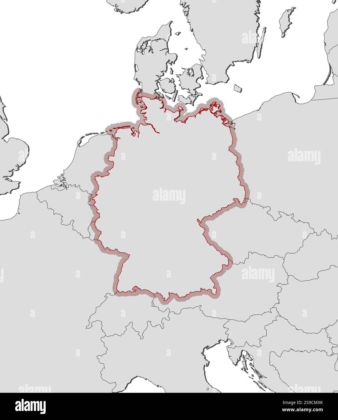 Map of Germany and nearby countries, Germany is highlighted by a ...