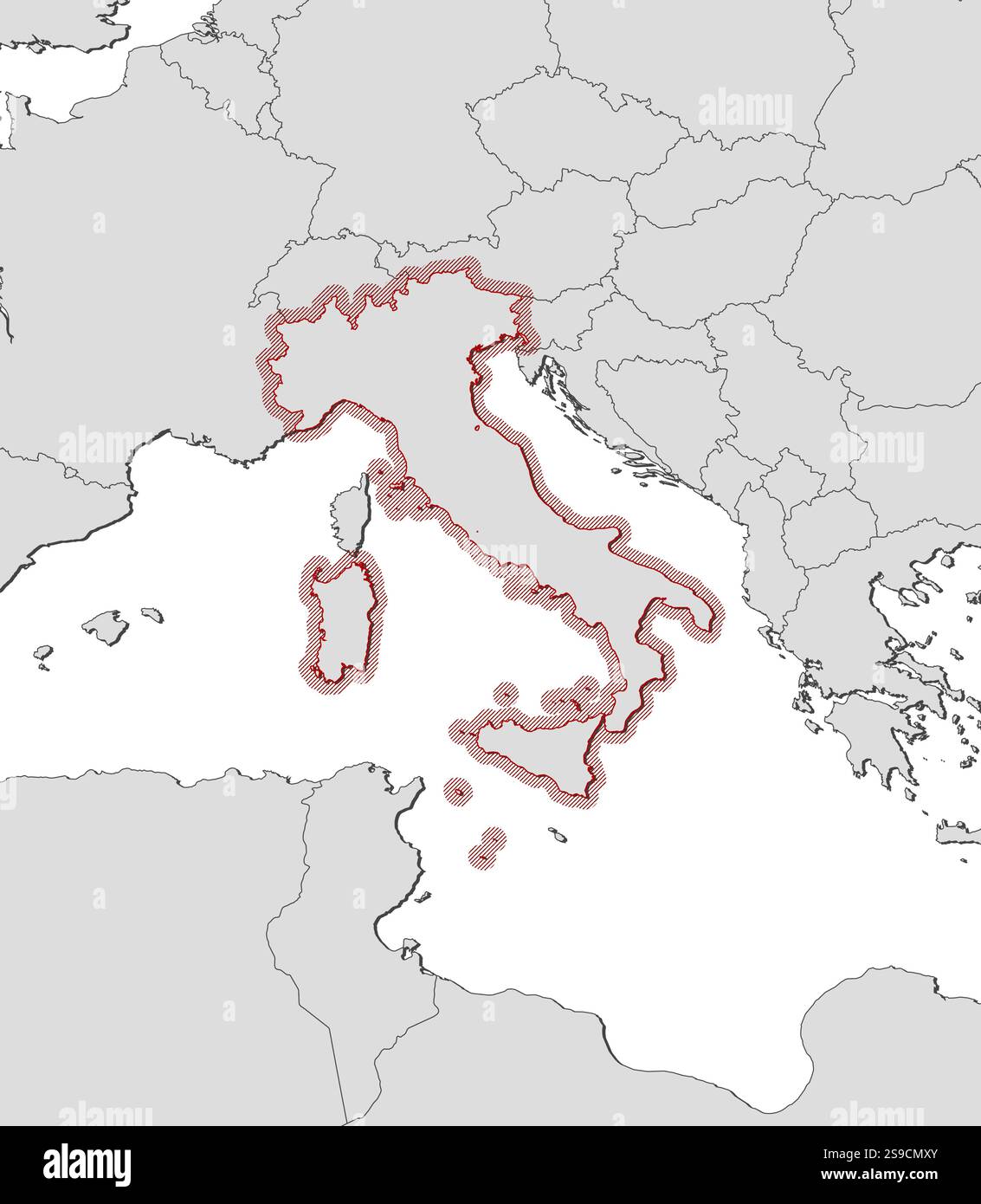 Map of Italy and nearby countries, Italy is highlighted by a hatching ...