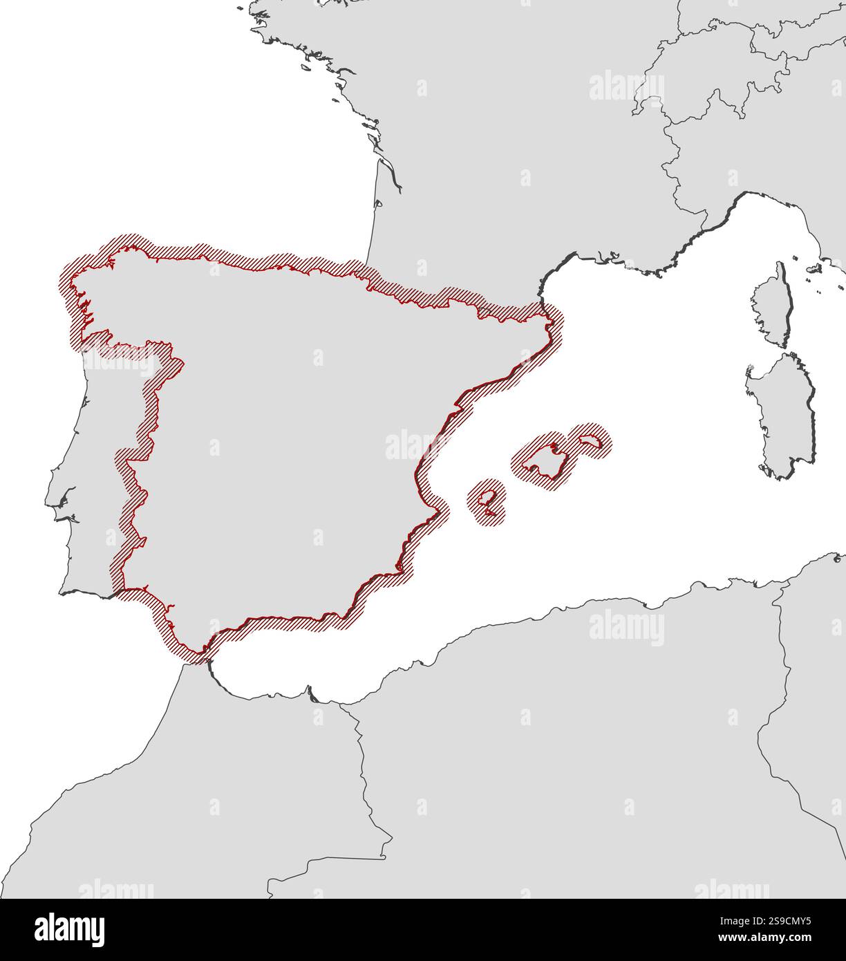 Map of Spain and nearby countries, Spain is highlighted by a hatching ...