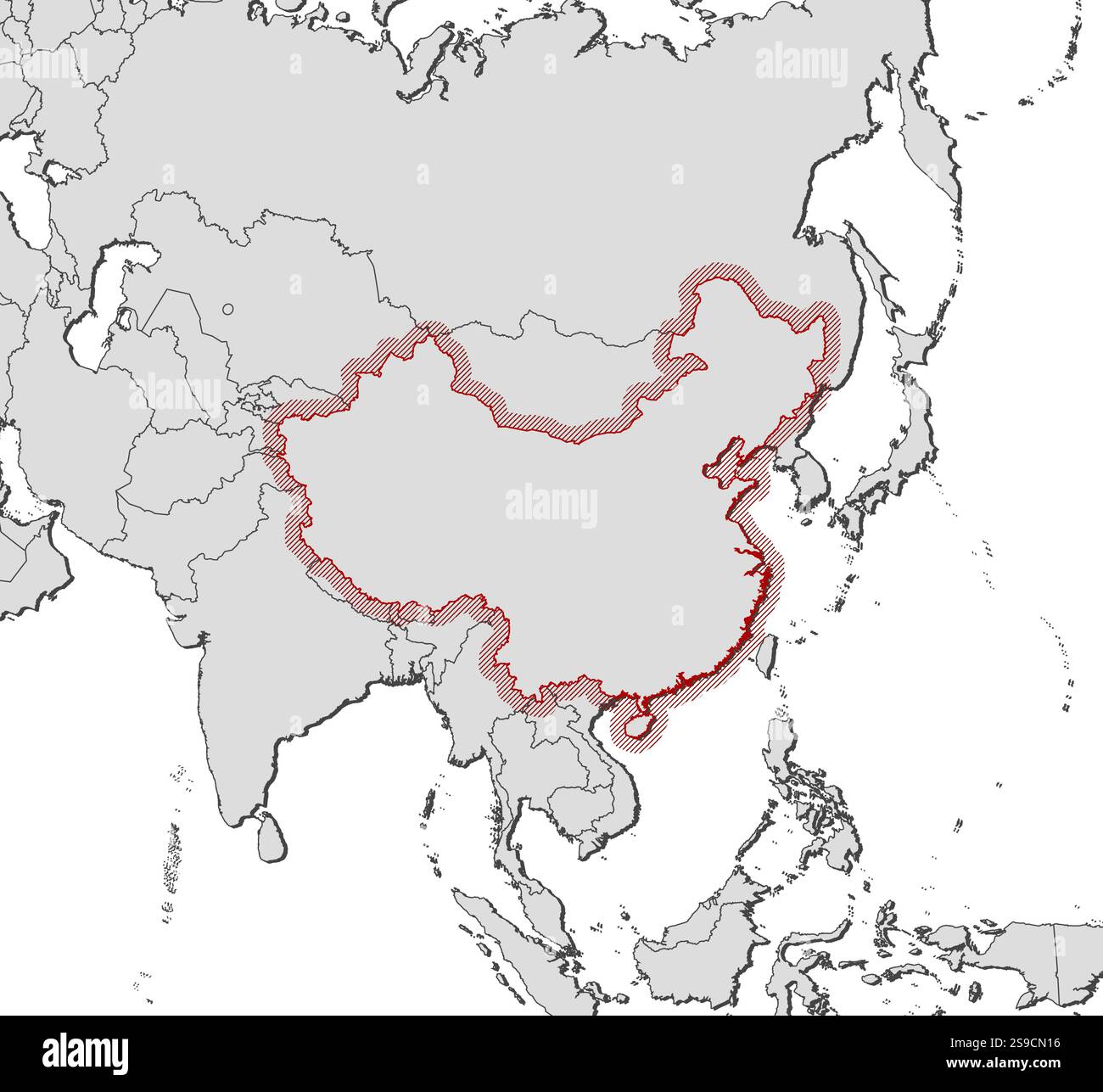 Map of China and nearby countries, China is highlighted by a hatching ...