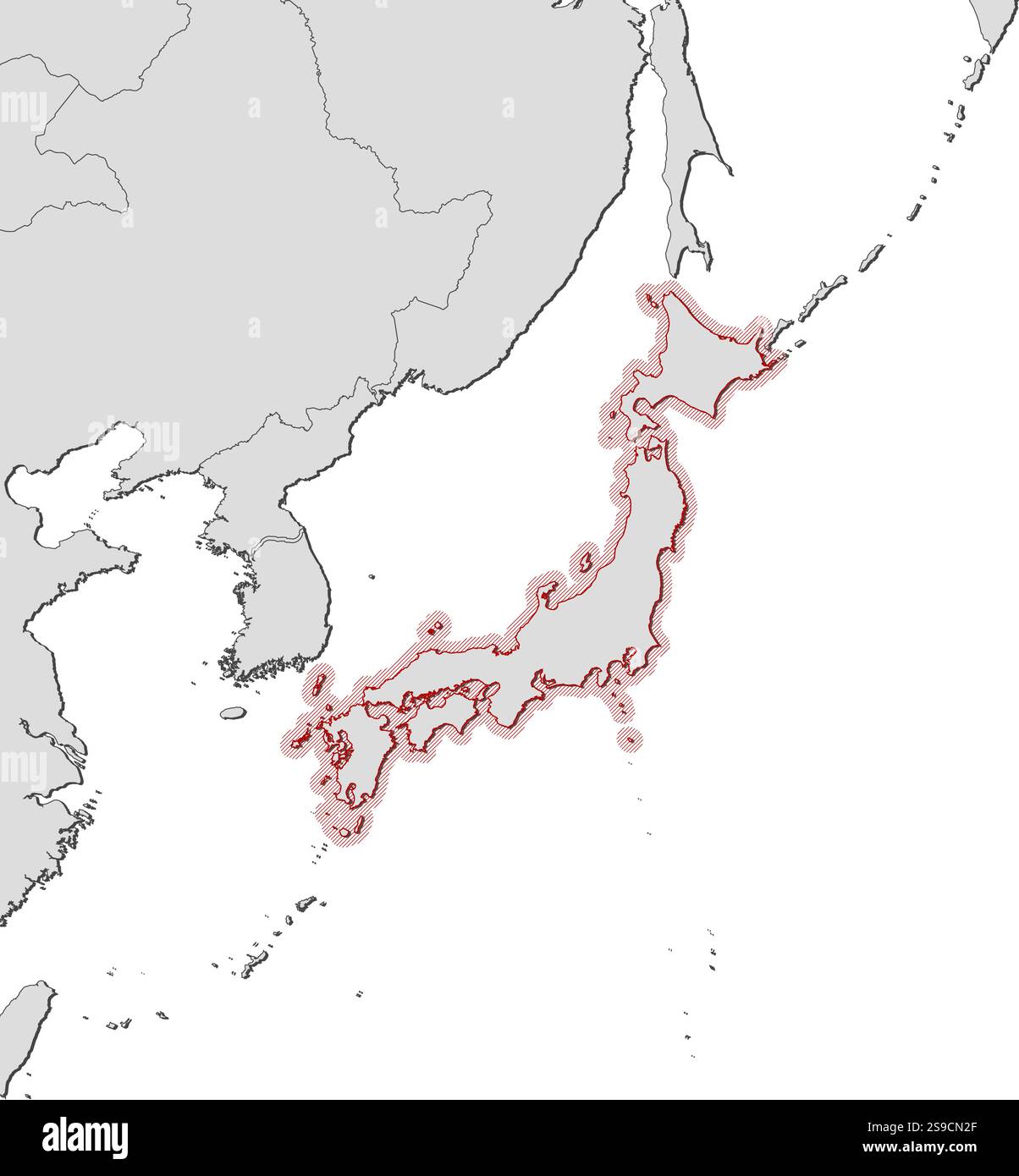 Map of Japan and nearby countries, Japan is highlighted by a hatching ...