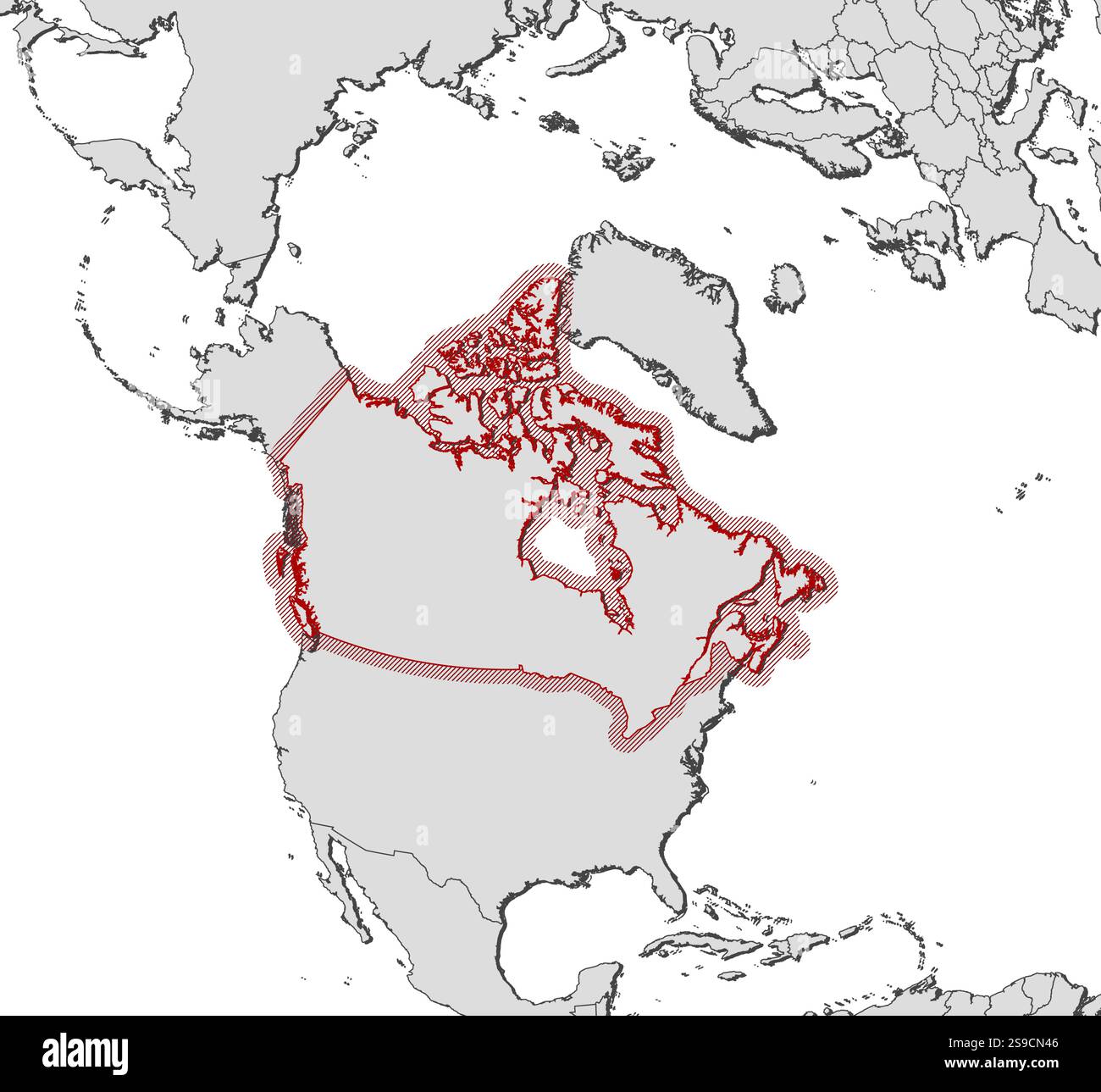 Map of Canada and nearby countries, Canada is highlighted by a hatching ...