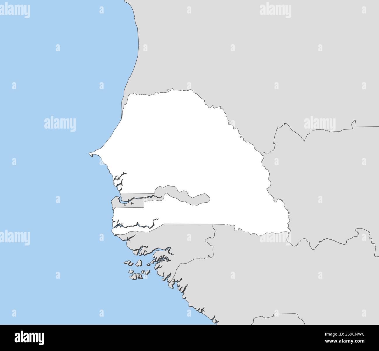 Map of Senegal and nearby countries, Senegal is highlighted in white ...