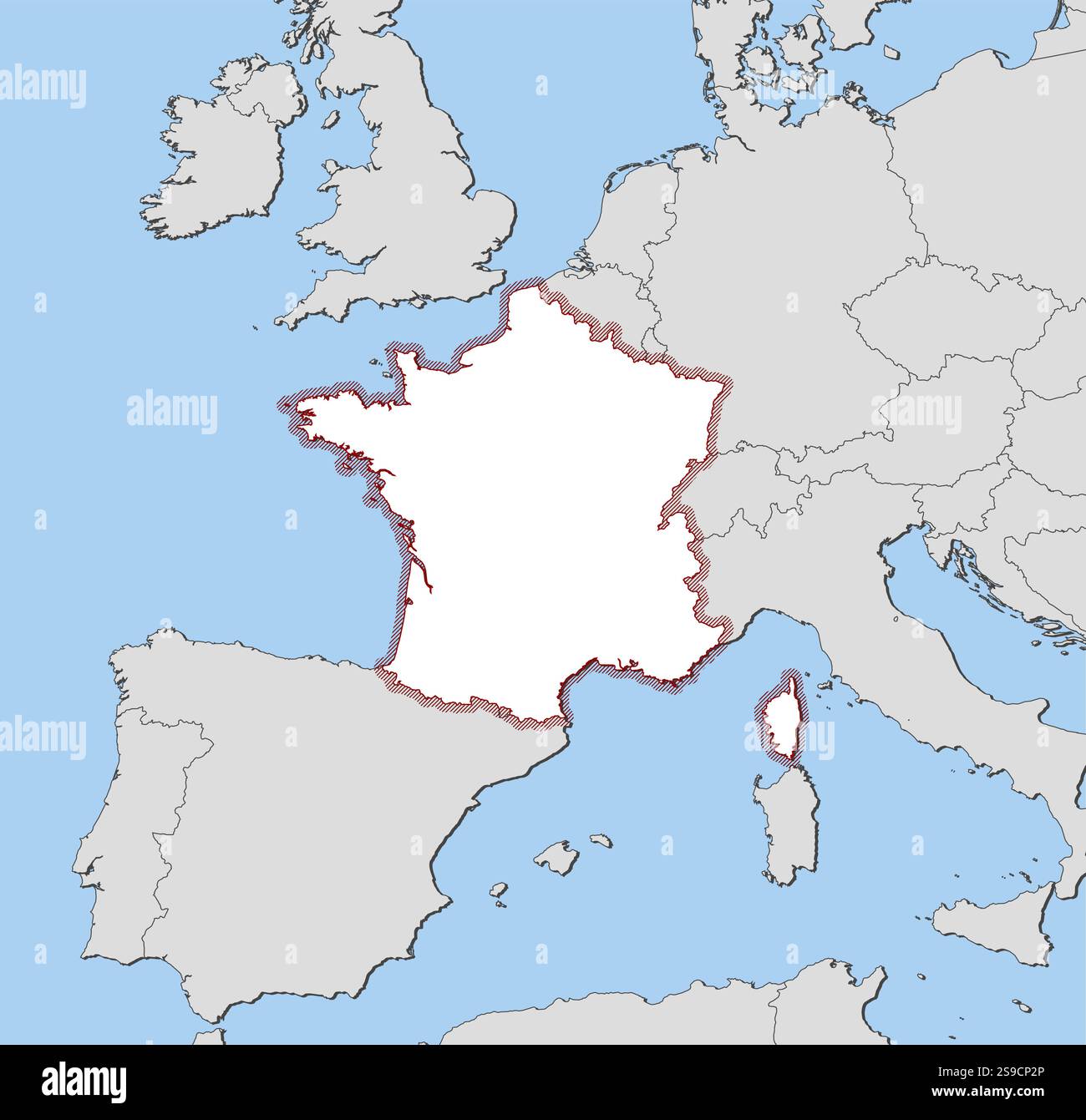 Map of France and nearby countries, France is highlighted by a hatching ...