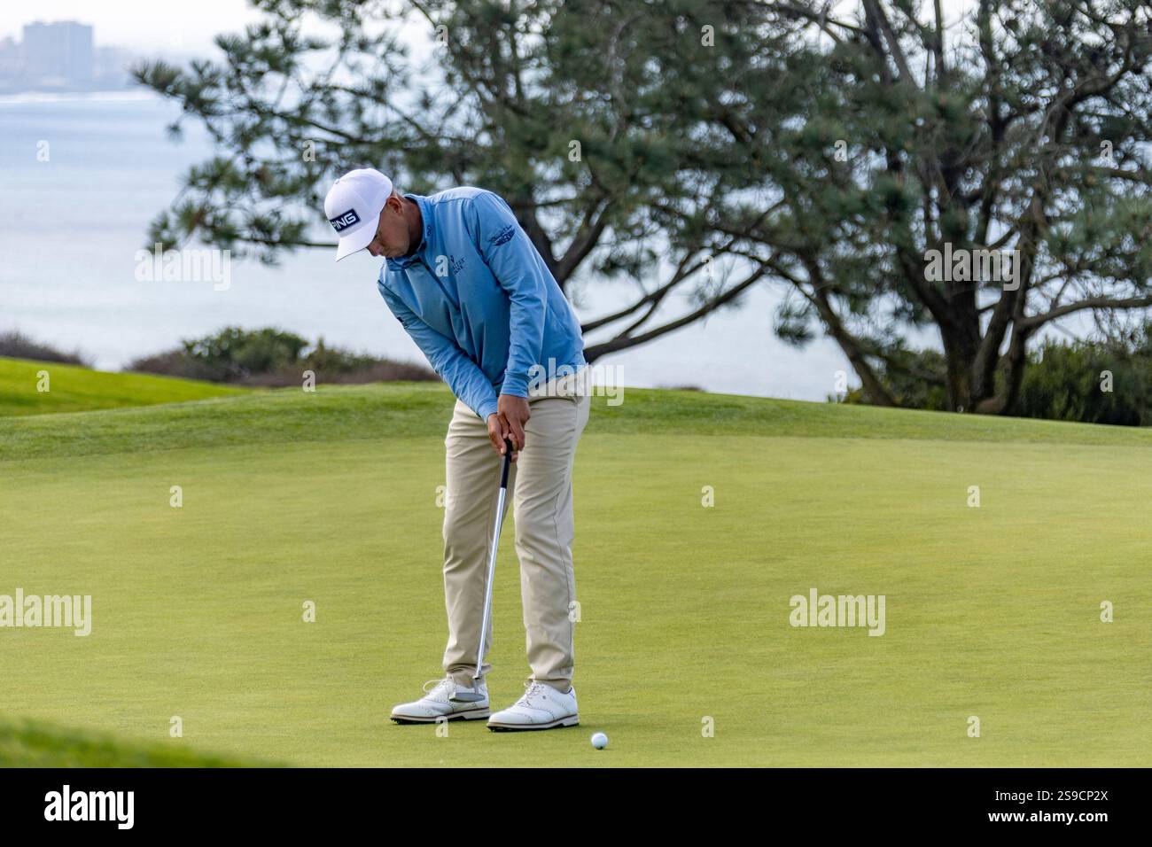 LA JOLLA, CA - JANUARY 25: Sam Stevens putts on the fourth green during ...