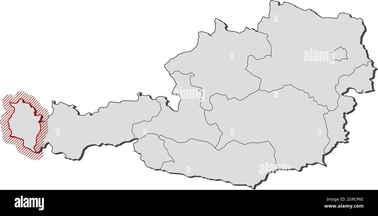 Map of Austria with the provinces, Vorarlberg is highlighted by a ...