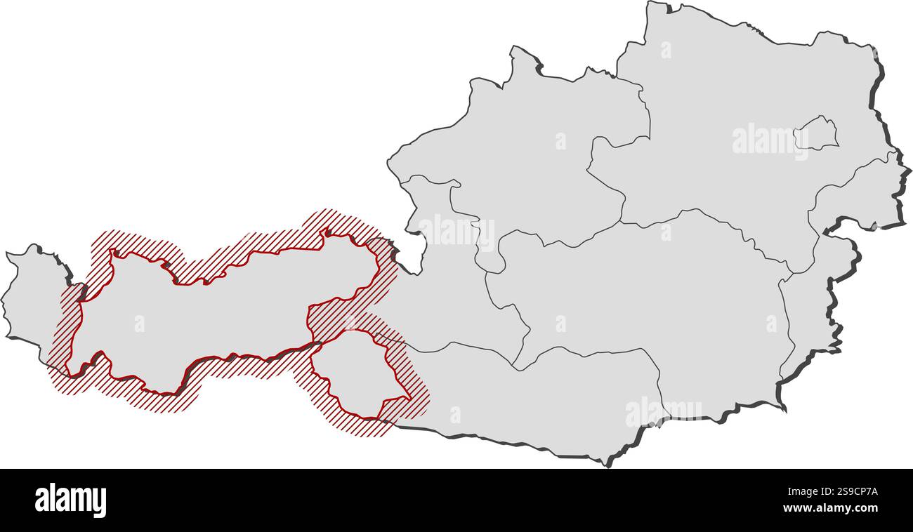 Map of Austria with the provinces, Tyrol is highlighted by a hatching ...