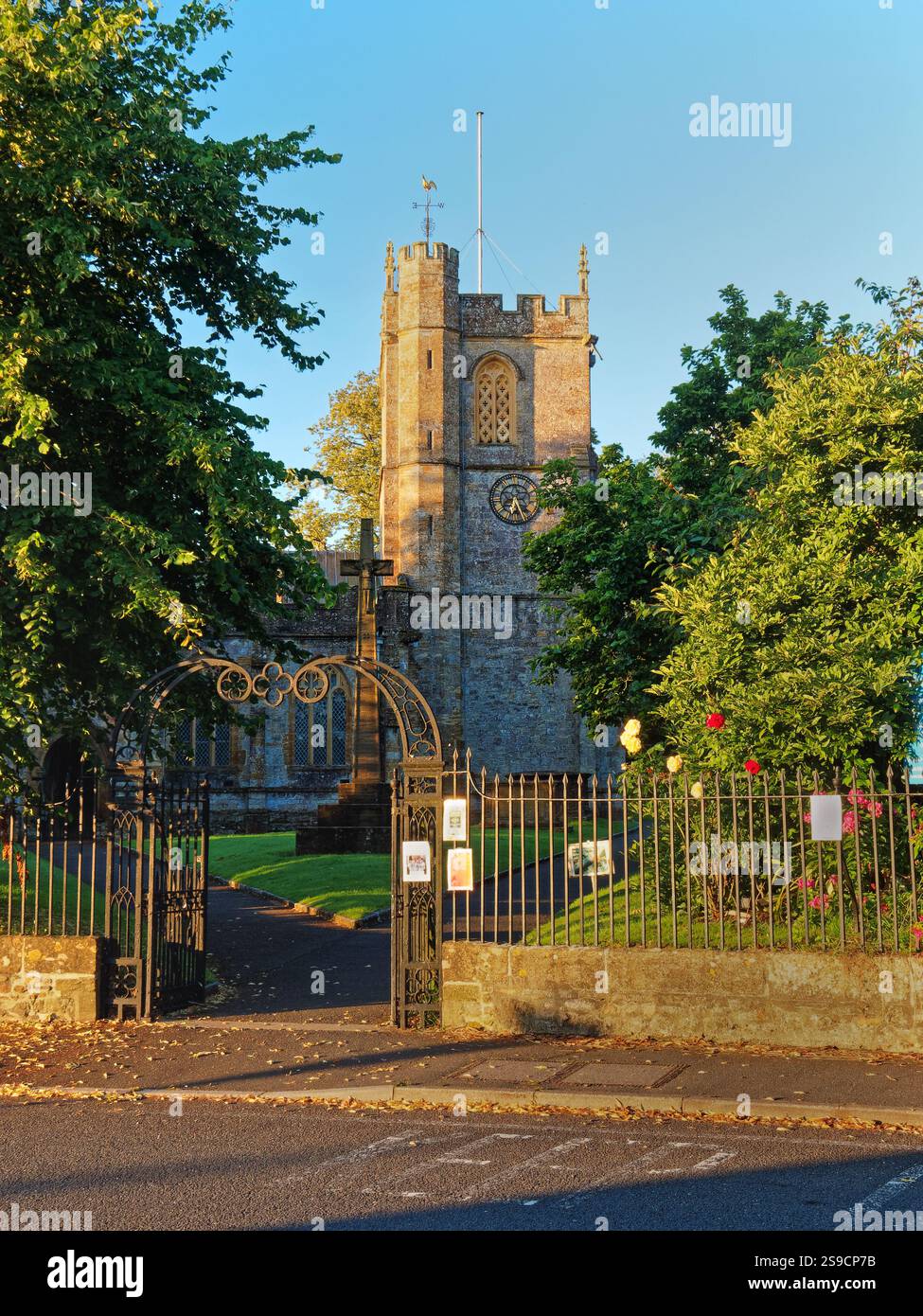 UK, Somerset, Chard, Entrance to St Mary's Church and War Memorial ...