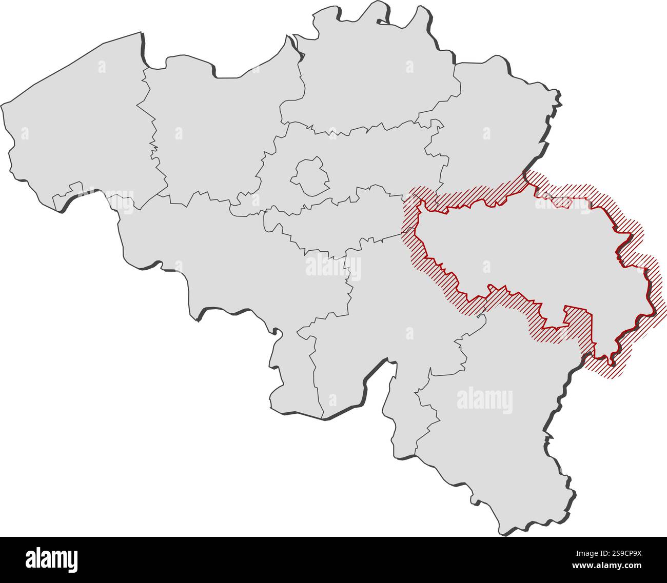 Map of Belgium with the provinces, Liège is highlighted by a hatching ...