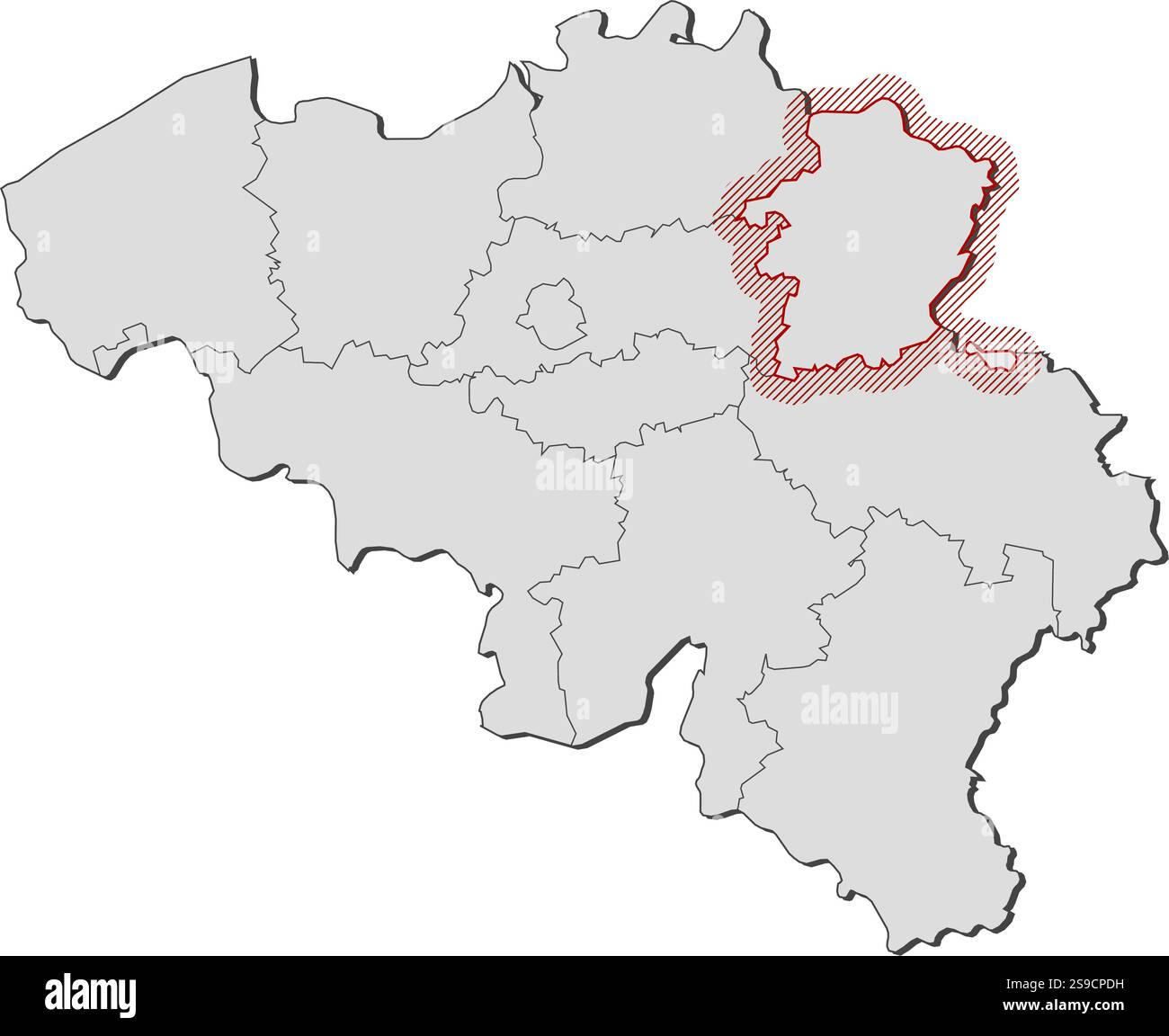 Map of Belgium with the provinces, Limburg is highlighted by a hatching ...
