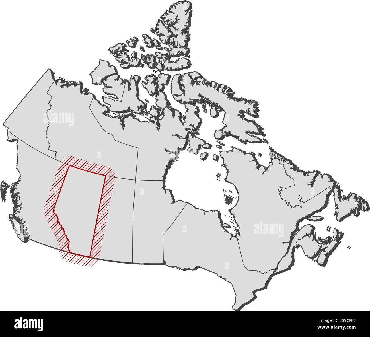 Map of Canada with the provinces, Alberta is highlighted by a hatching ...