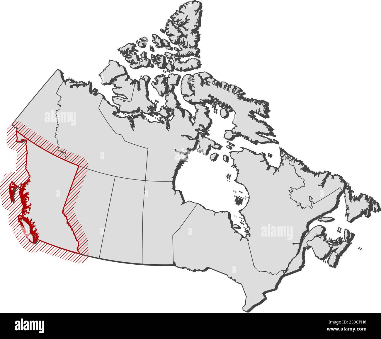 Map of Canada with the provinces, British Columbia is highlighted by a ...