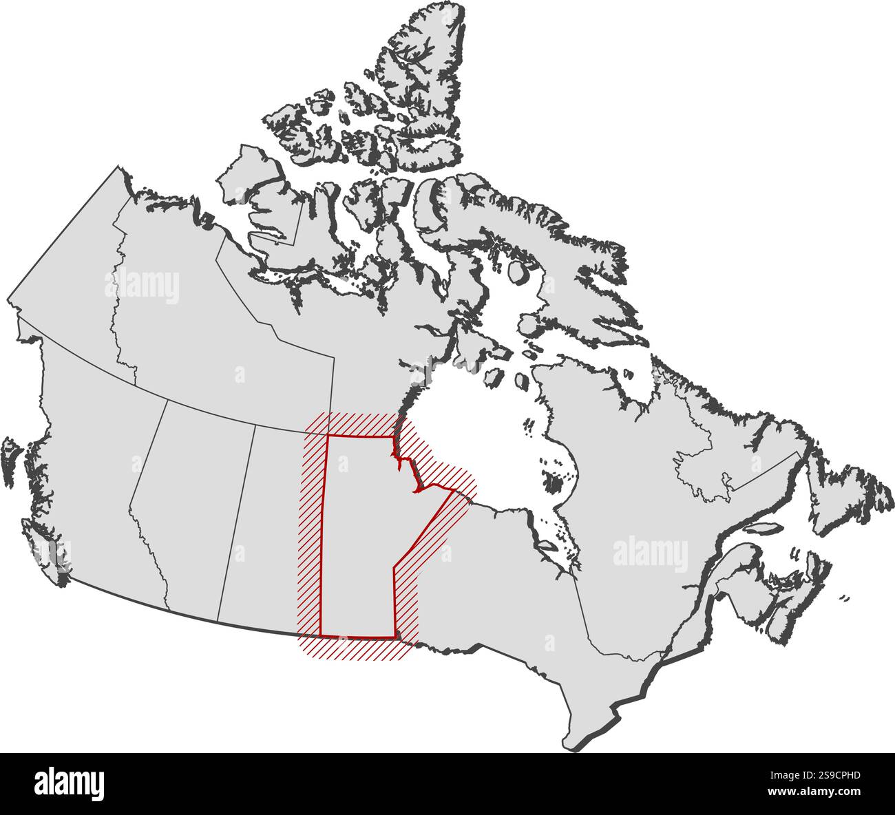 Map of Canada with the provinces, Manitoba is highlighted by a hatching ...
