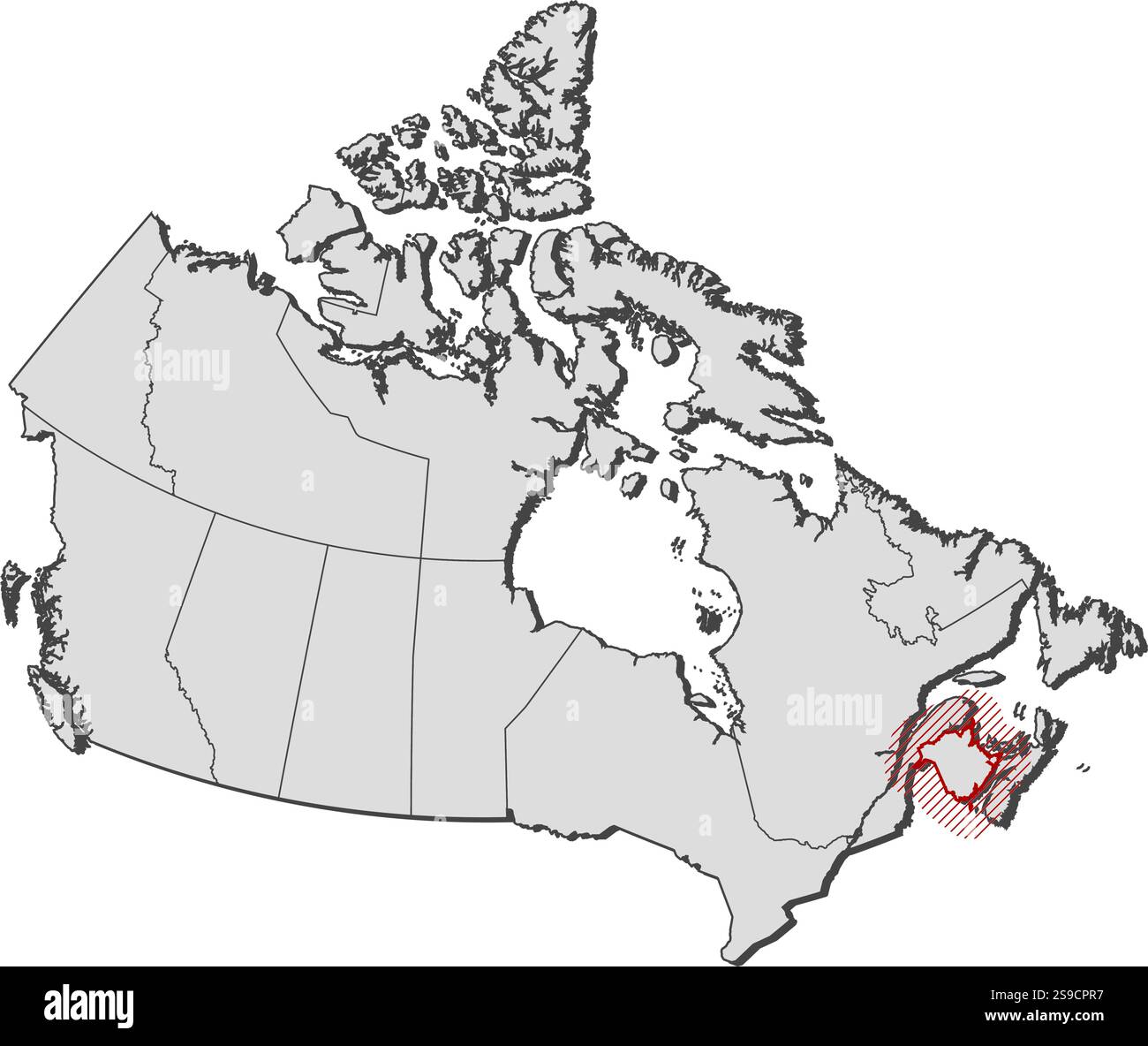 Map of Canada with the provinces, New Brunswick is highlighted by a ...