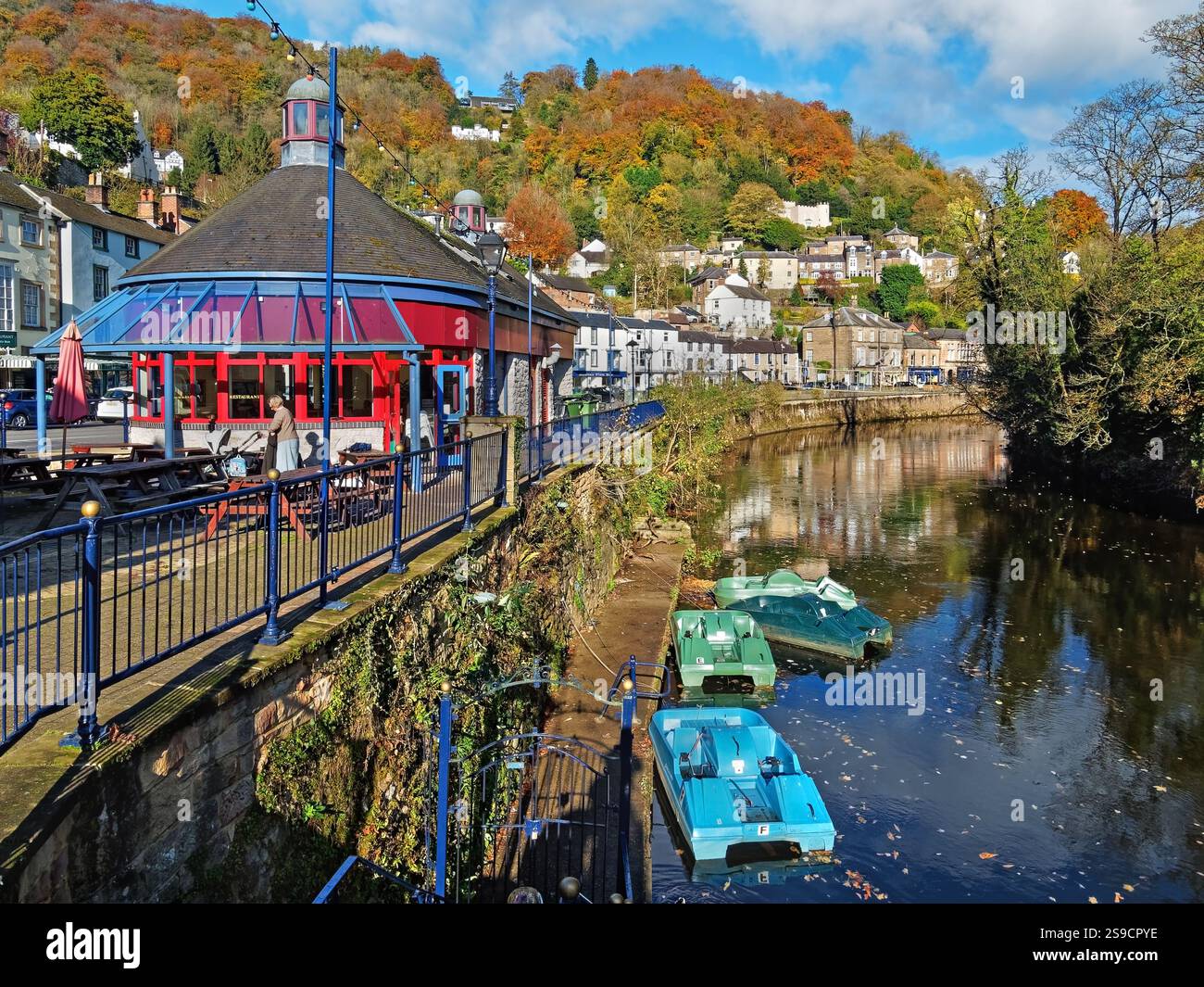 UK, Derbyshire, Peak District, Matlock Bath, Riverside Buildings and ...