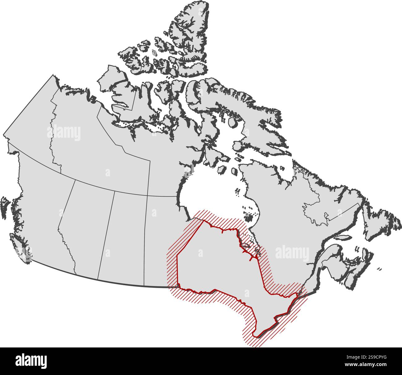 Map of Canada with the provinces, Ontario is highlighted by a hatching ...