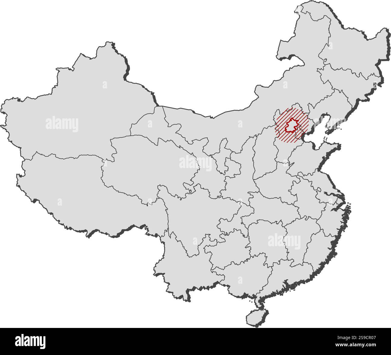Map of China with the provinces, Beijing is highlighted by a hatching ...