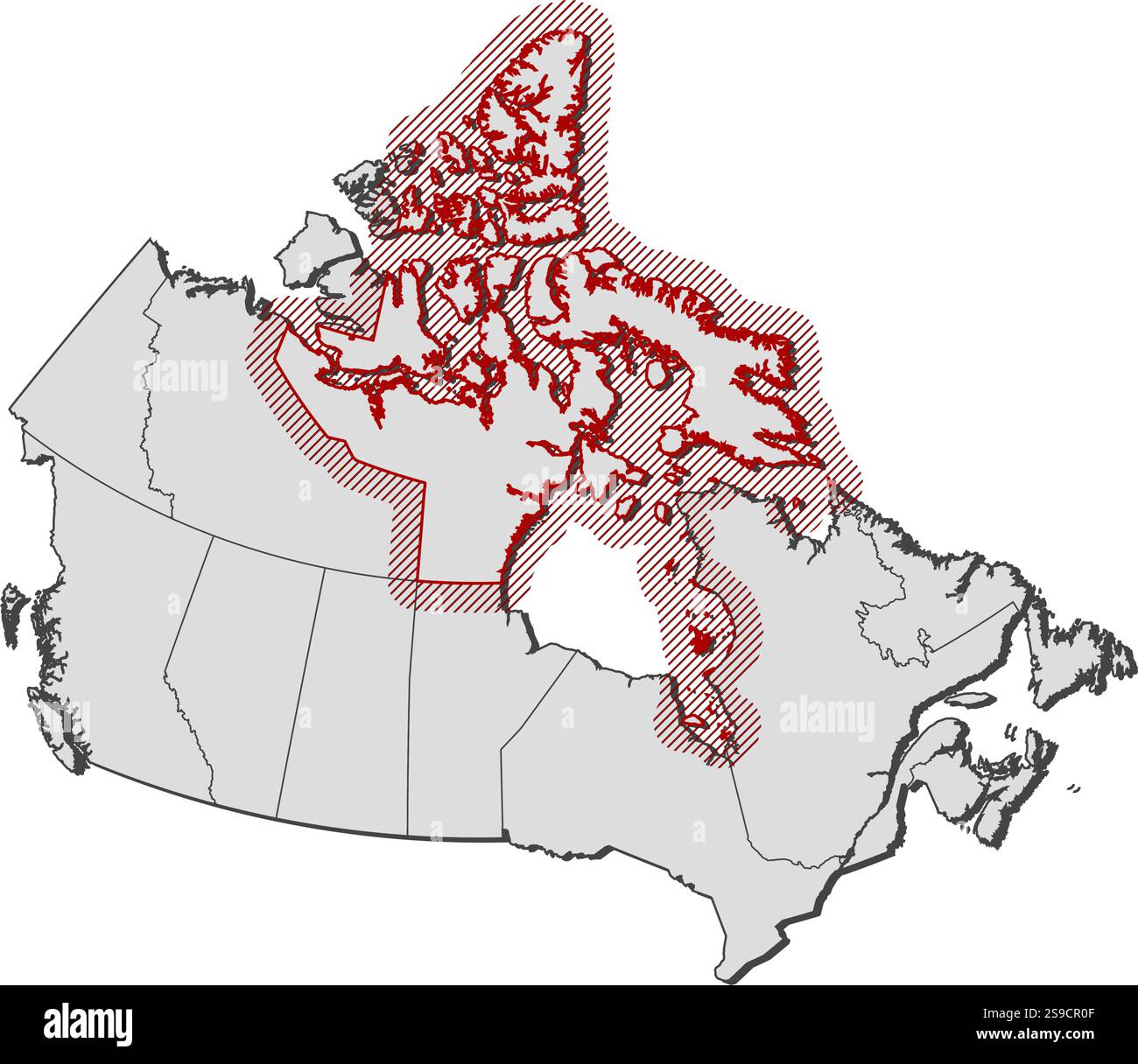 Map of Canada with the provinces, Nunavut is highlighted by a hatching ...