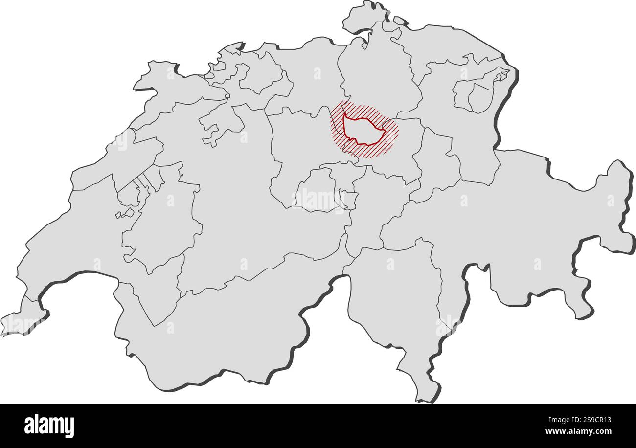 Map of Swizerland with the provinces, Zug is highlighted by a hatching ...