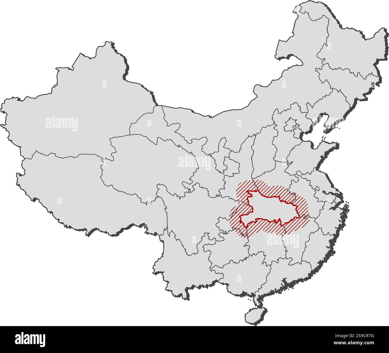 Map of China with the provinces, Hubei is highlighted by a hatching ...