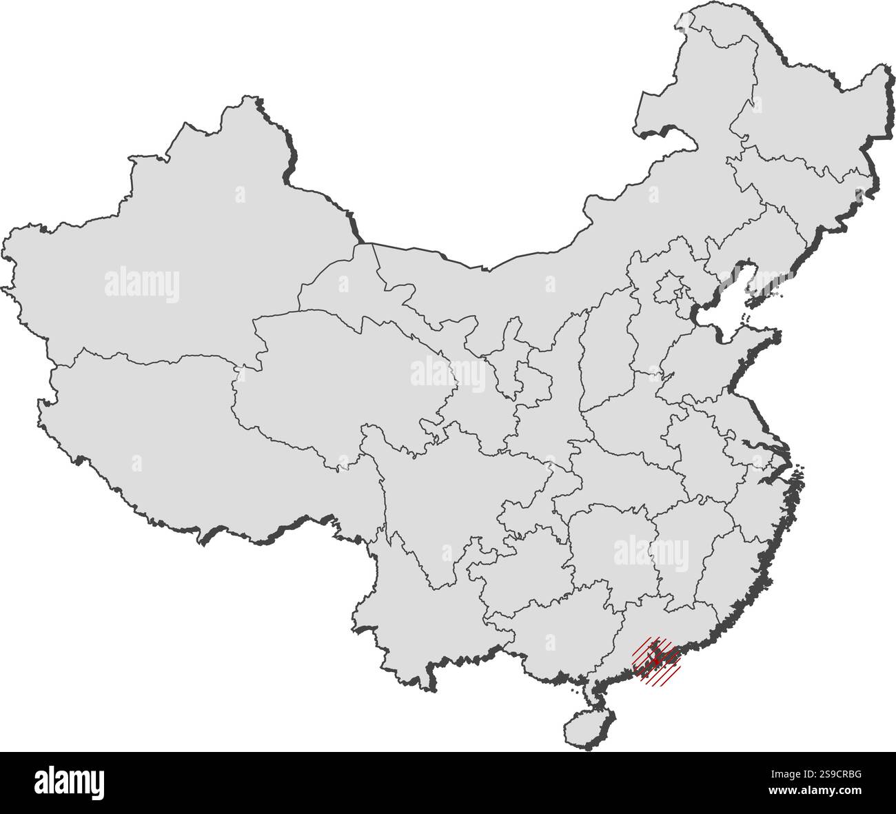 Map of China with the provinces, Macau is highlighted by a hatching ...