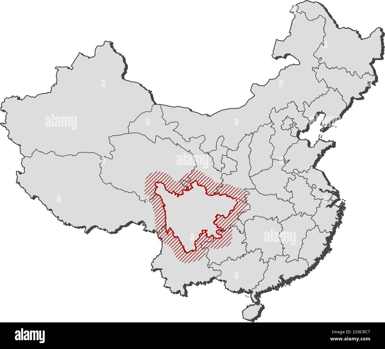Map of China with the provinces, Sichuan is highlighted by a hatching ...