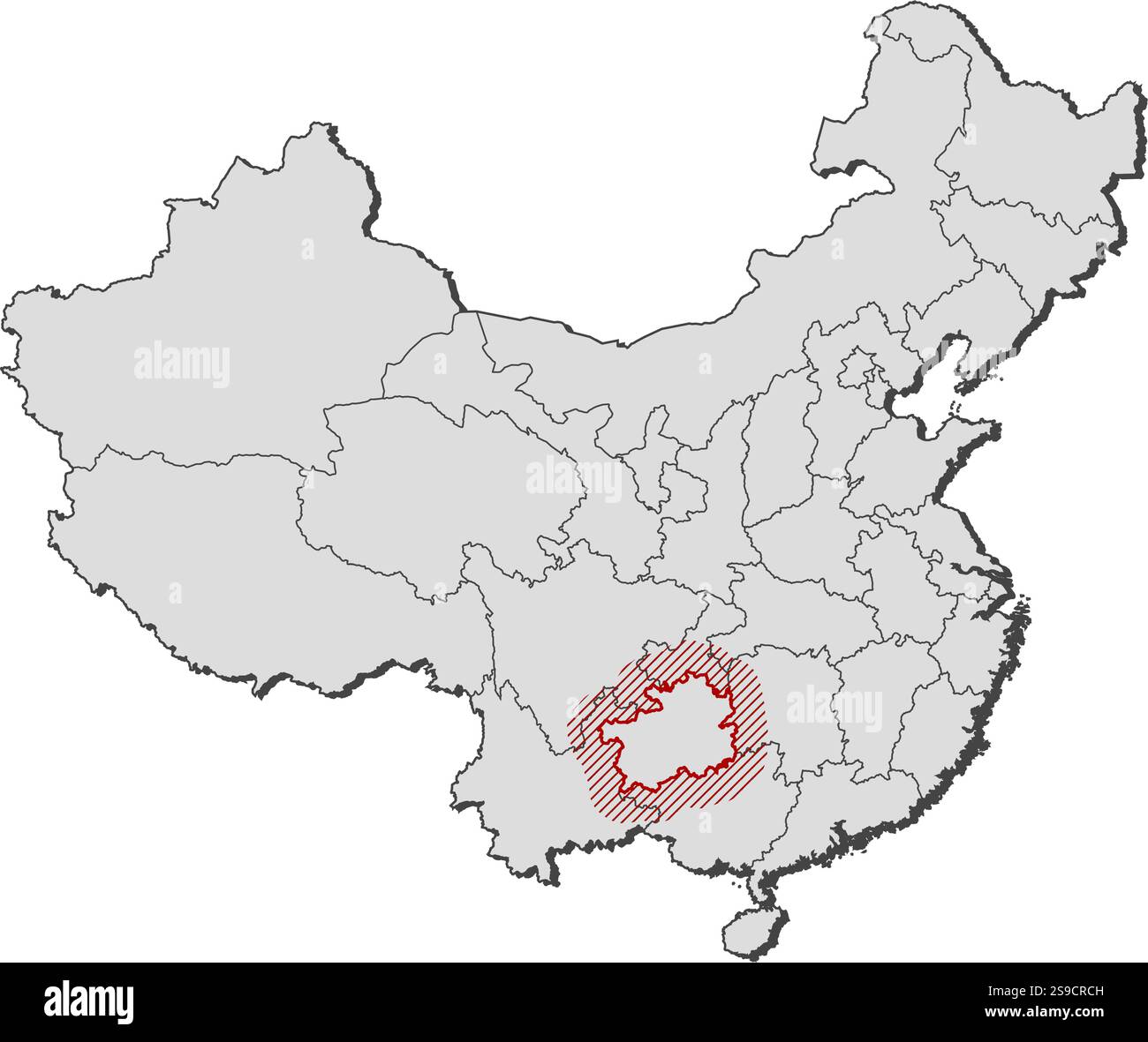 Map of China with the provinces, Guizhou is highlighted by a hatching ...