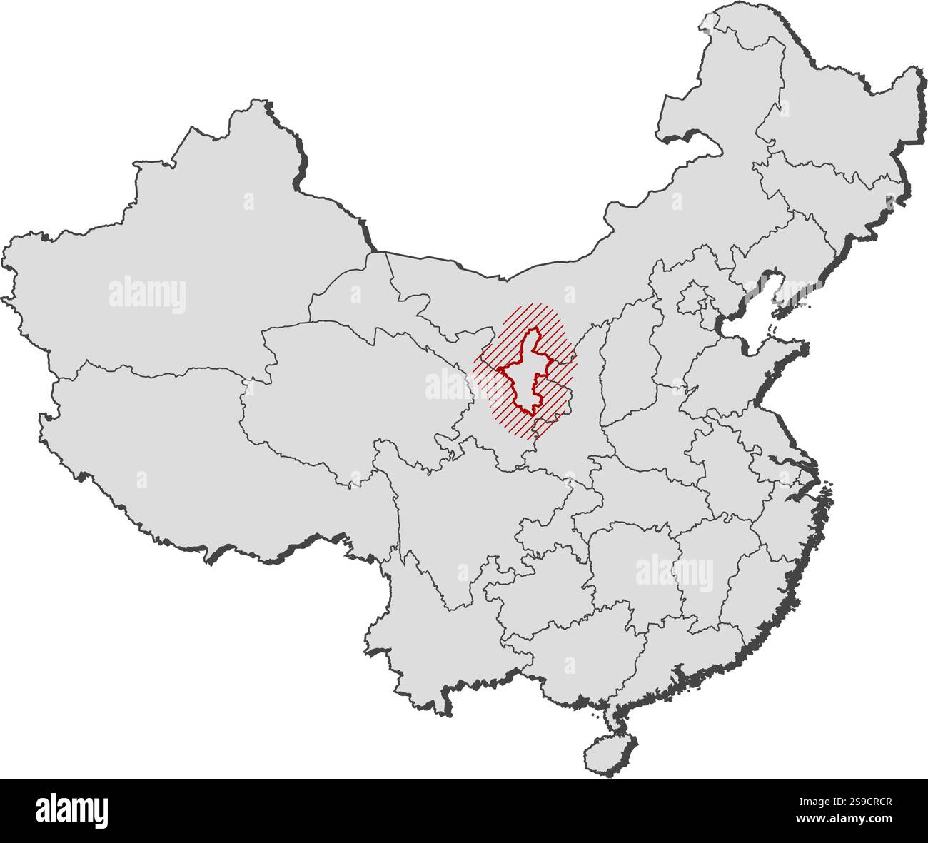 Map of China with the provinces, Ningxia is highlighted by a hatching ...