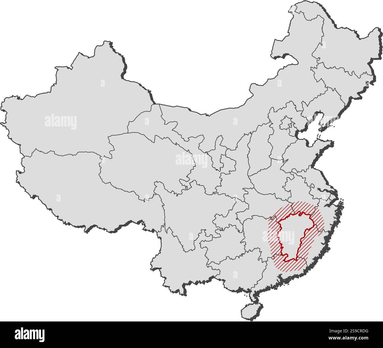 Map of China with the provinces, Jiangxi is highlighted by a hatching ...