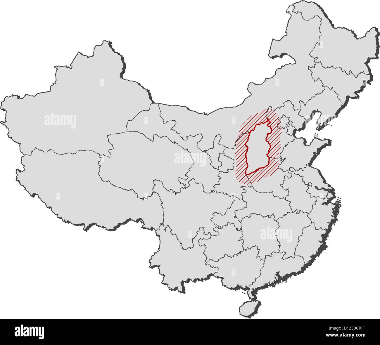Map of China with the provinces, Shanxi is highlighted by a hatching ...